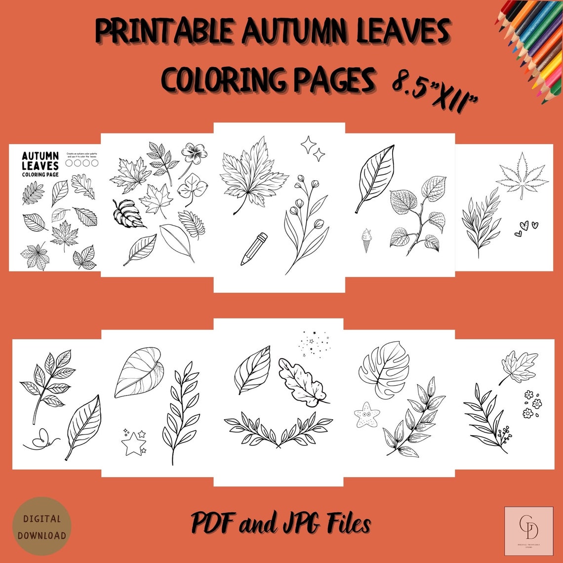 Autumun Leaves Coloring Pages, Kids Coloring Pages, 10 Printable Pages ...