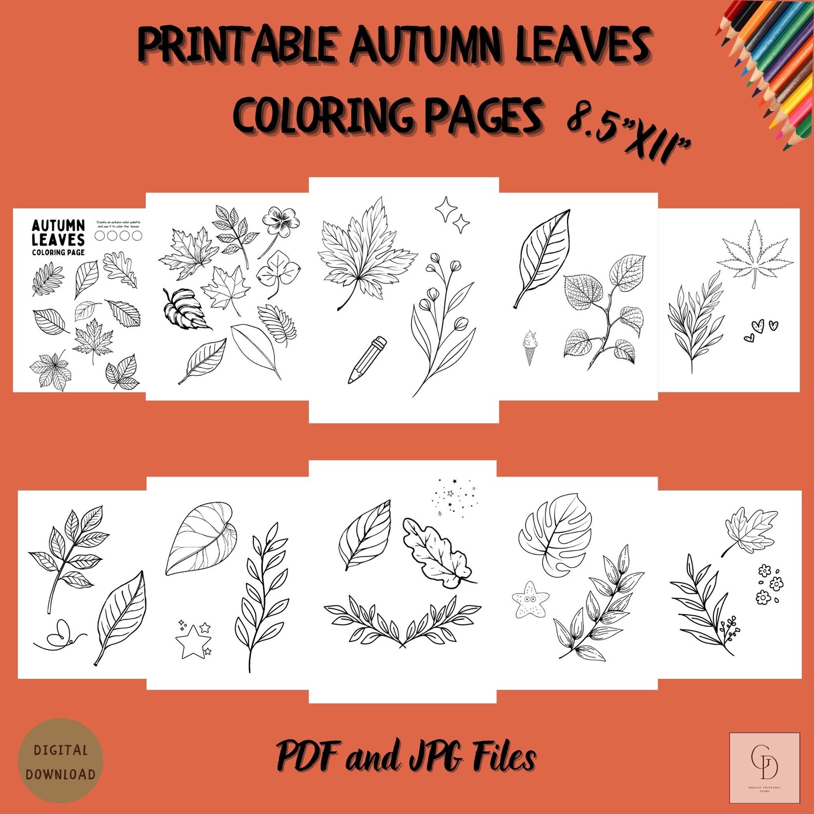 Autumun Leaves Coloring Pages, Kids Coloring Pages, 10 Printable Pages ...