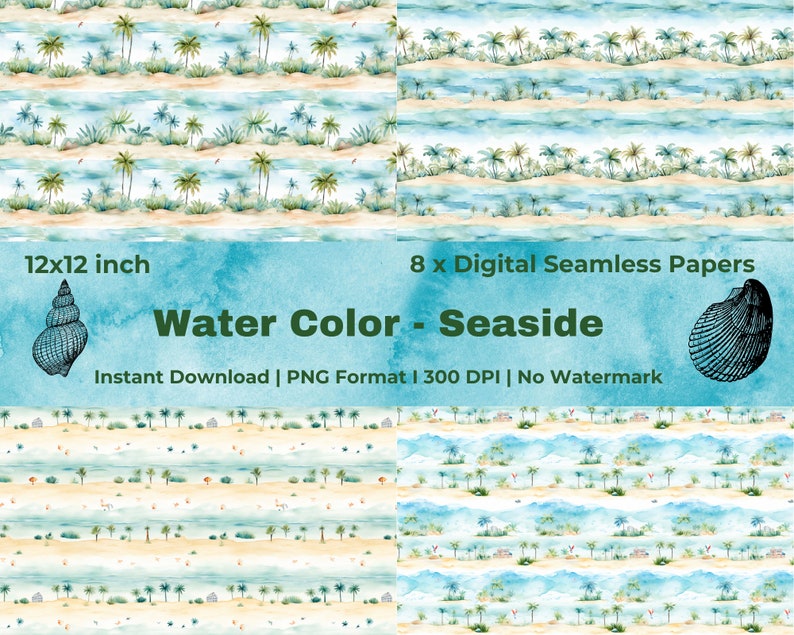Watercolor Seaside Digital Paper Seamless Seaside Pattern Unique Prints ...