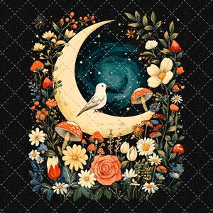 Cottagecore Moon & Mushroom PNG: Floral Celestial Design Digital ...