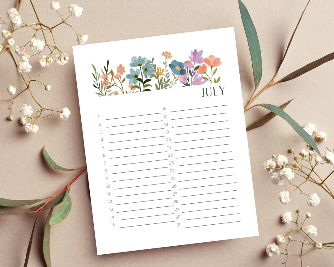 Wildflower Calendar Printable, Watercolor Flower Calendar, Digital ...