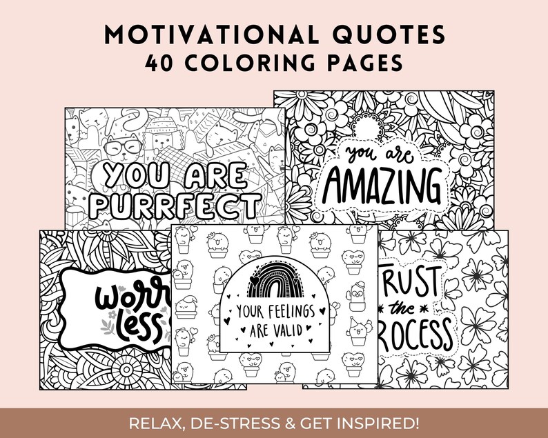40 Motivational Quotes Coloring, Printable Pages for Adults, Stress ...