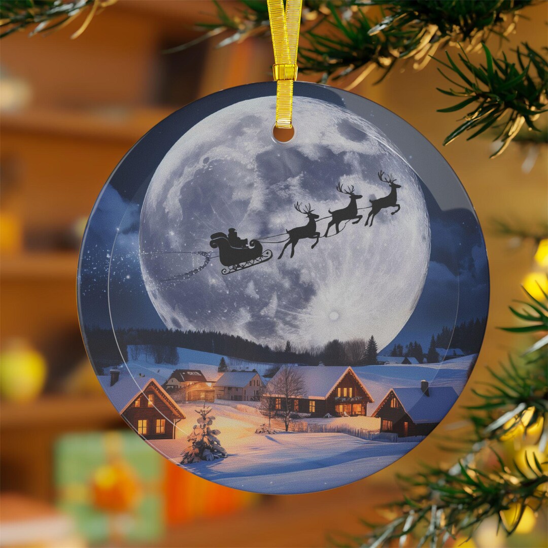 Moon Christmas Reindeer and Sleigh Snow Glass Ornament Fun Christmas ...
