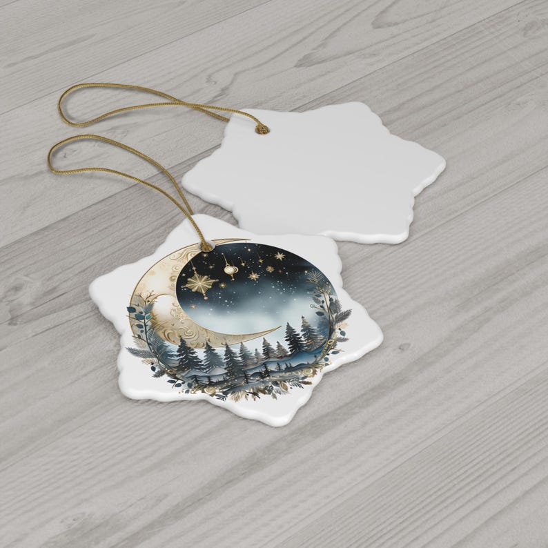 Beautiful Golden Crescent Moon & Stars on Flat Ceramic Ornament ...