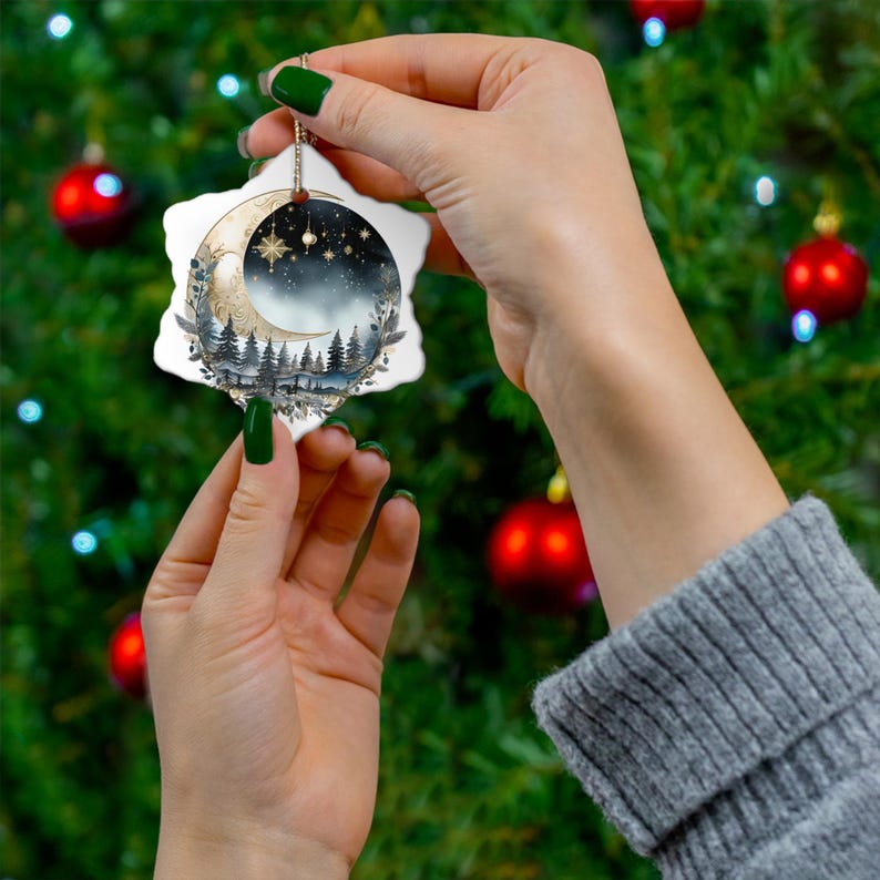 Beautiful Golden Crescent Moon & Stars on Flat Ceramic Ornament ...