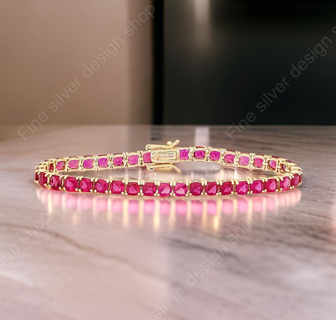 14k Gold Ruby Bracelet, Genuine Ruby Rounds Yellow Gold Bracelet for ...