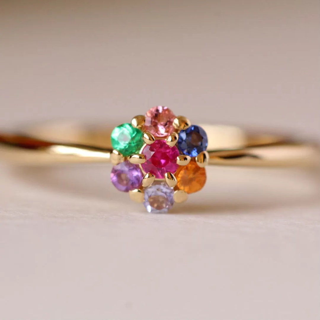 Multi Sapphire Ring, Multi Gemstone Band, 14k Gold Plated Rainbow ...