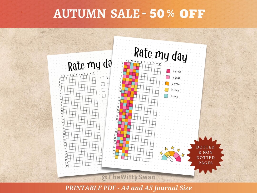 Rate My Day Tracker Journal Pages Printable Yearly Mood Tracker Bujo ...