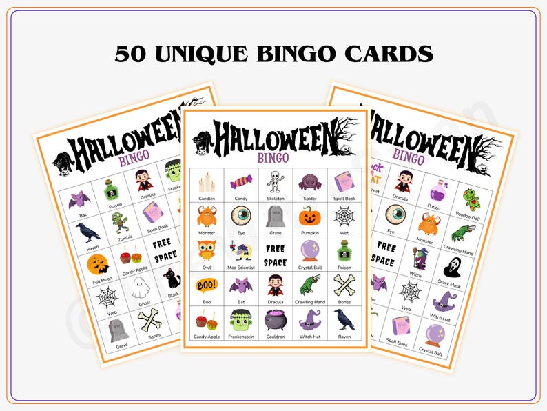 50 Halloween Bingo Cards, Printable Party Games, Spooky Kids Game ...
