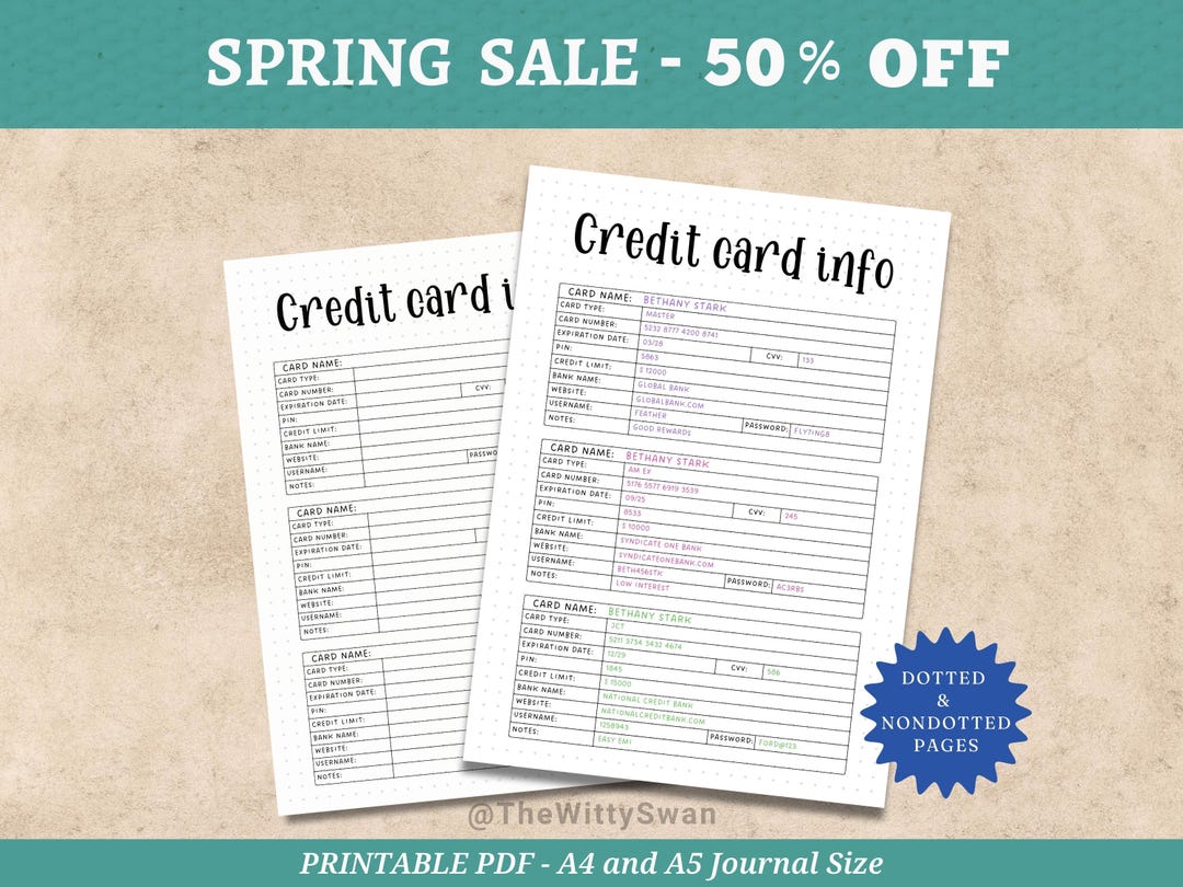 Credit Card Info Tracker Printable Journal Page Personal Finance ...