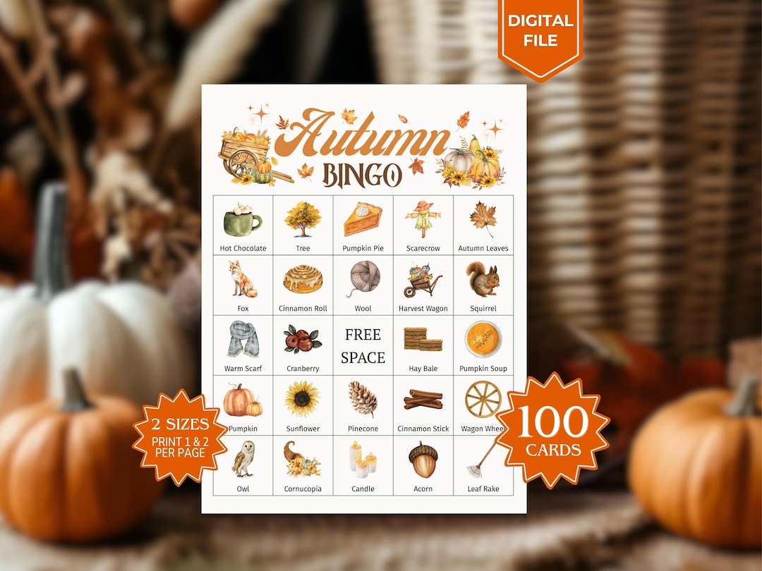 Fall Autumn Bingo Cards 100 Printable Party Games Thanksgiving Bingo ...