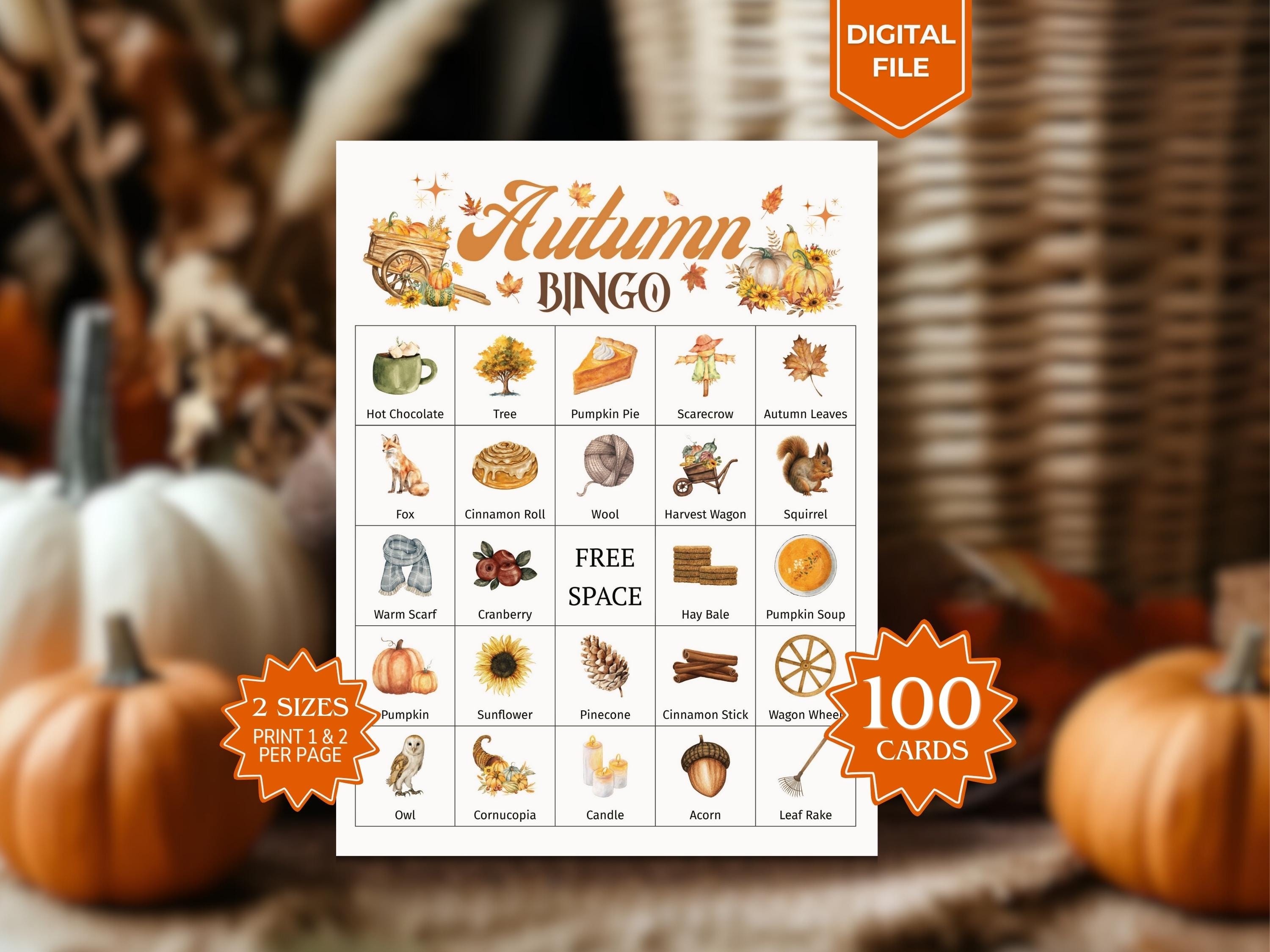 Fall Autumn Bingo Cards 100 Printable Party Games Thanksgiving Bingo ...