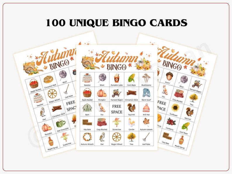 Fall Autumn Bingo Cards 100 Printable Party Games Thanksgiving Bingo ...