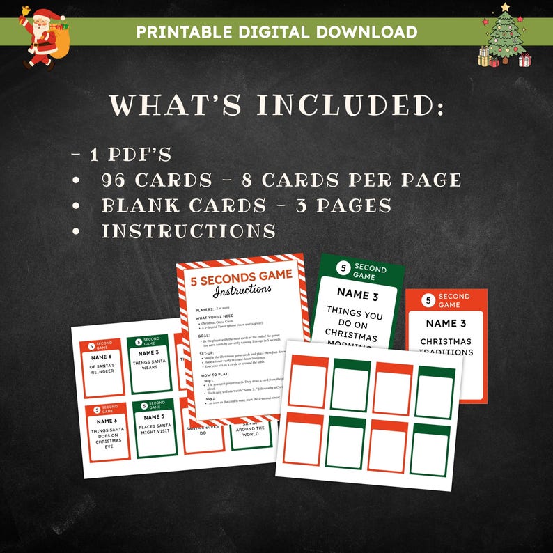 Christmas 5 Second Game - 96 Cards, Printable Party Games, Family ...