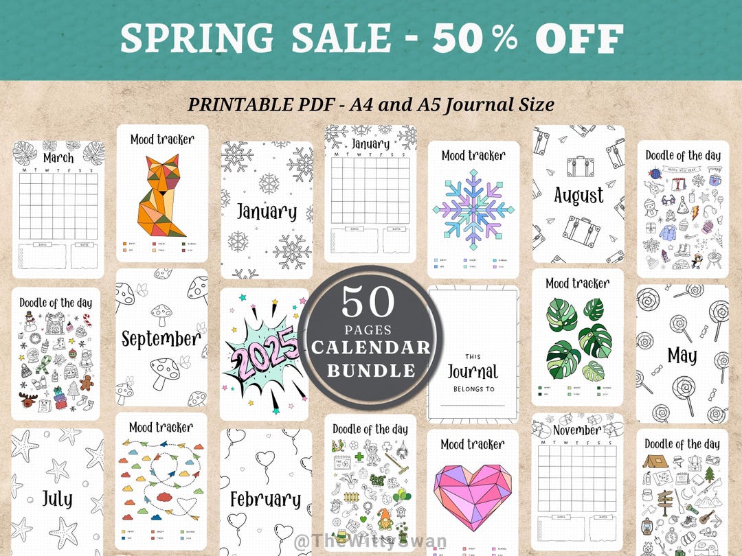 2025 Calendar Journal Bundle, Printable Doodle Pages, Mood Tracker ...