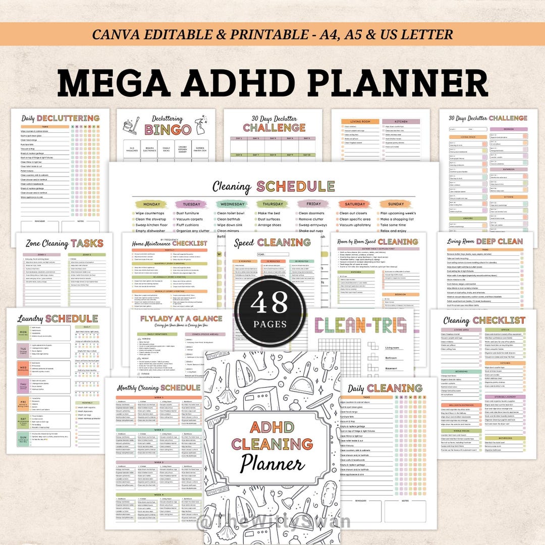 ADHD Cleaning Planner Bundle - Editable Canva Template, Family Chore ...