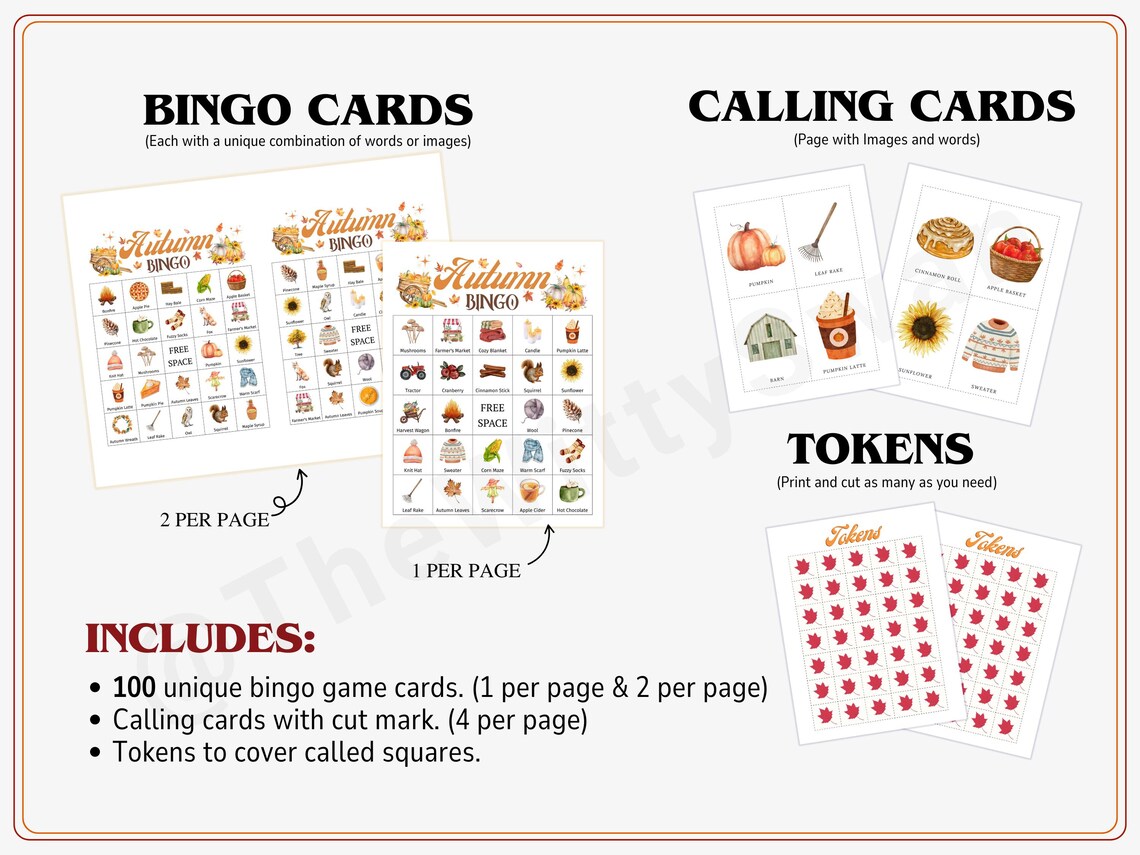 Fall Autumn Bingo Cards 100 Printable Party Games Thanksgiving Bingo ...
