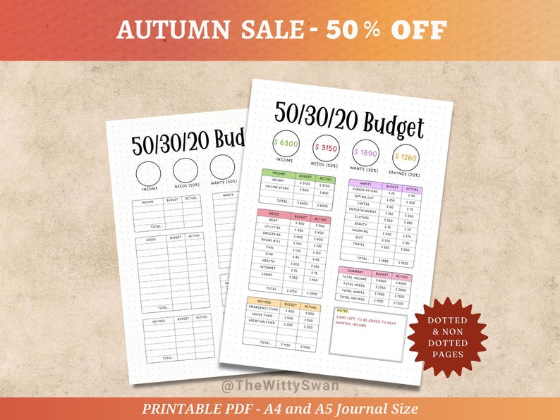 50 30 20 Budget Tracker Journal Pages Printable Finance Tracker Bujo ...
