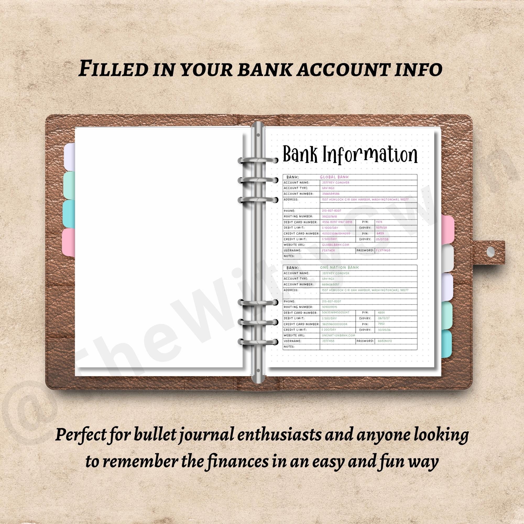 Bank Account Tracker Printable Journal Page Account Login Personal ...