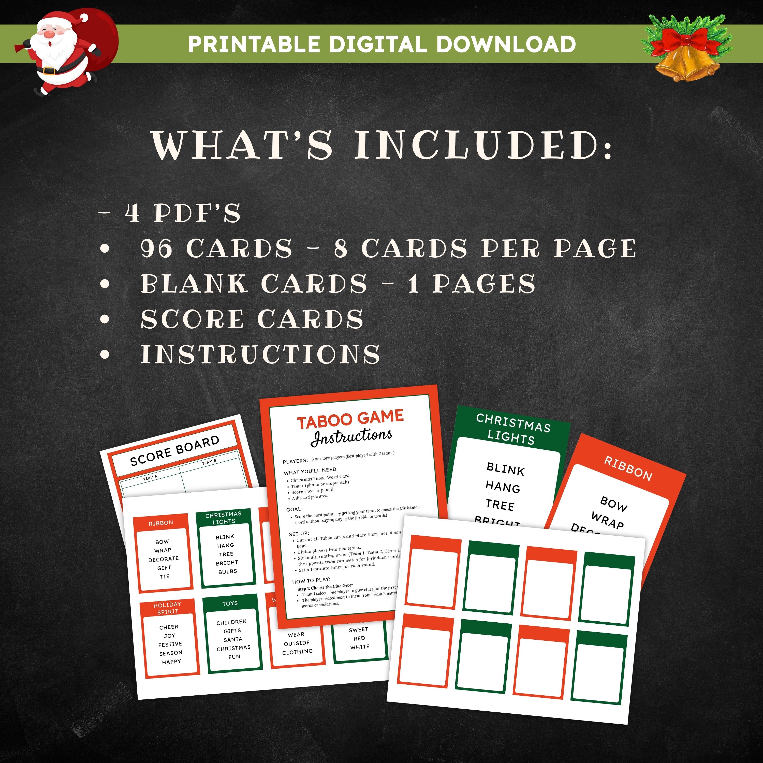 Christmas Taboo Game - 96 Cards, Printable Party Games, Family ...