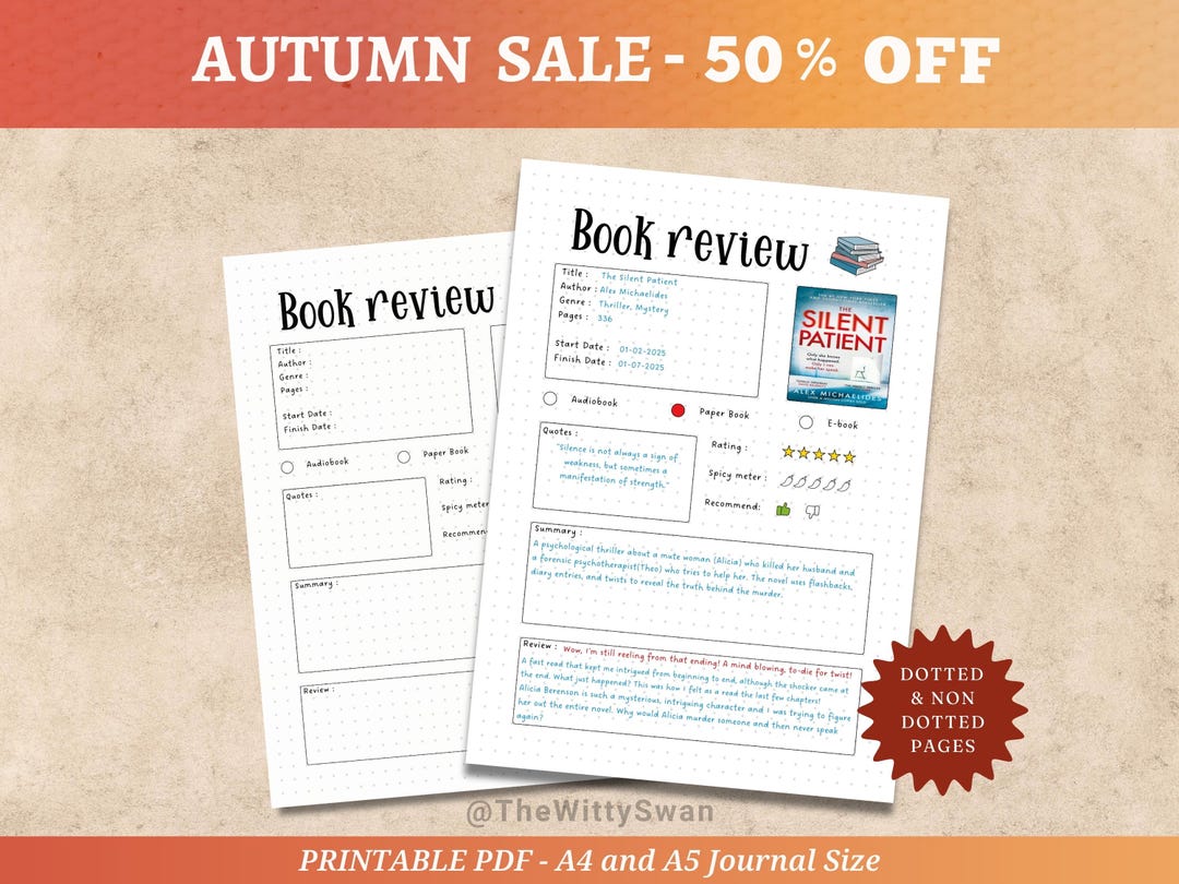 Book Review Journal Pages Printable Book Reading Tracker Bujo Printable ...