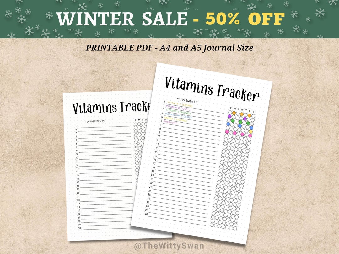 Vitamin Tracker Printable Journal Pages Supplement Tracker Monthly ...
