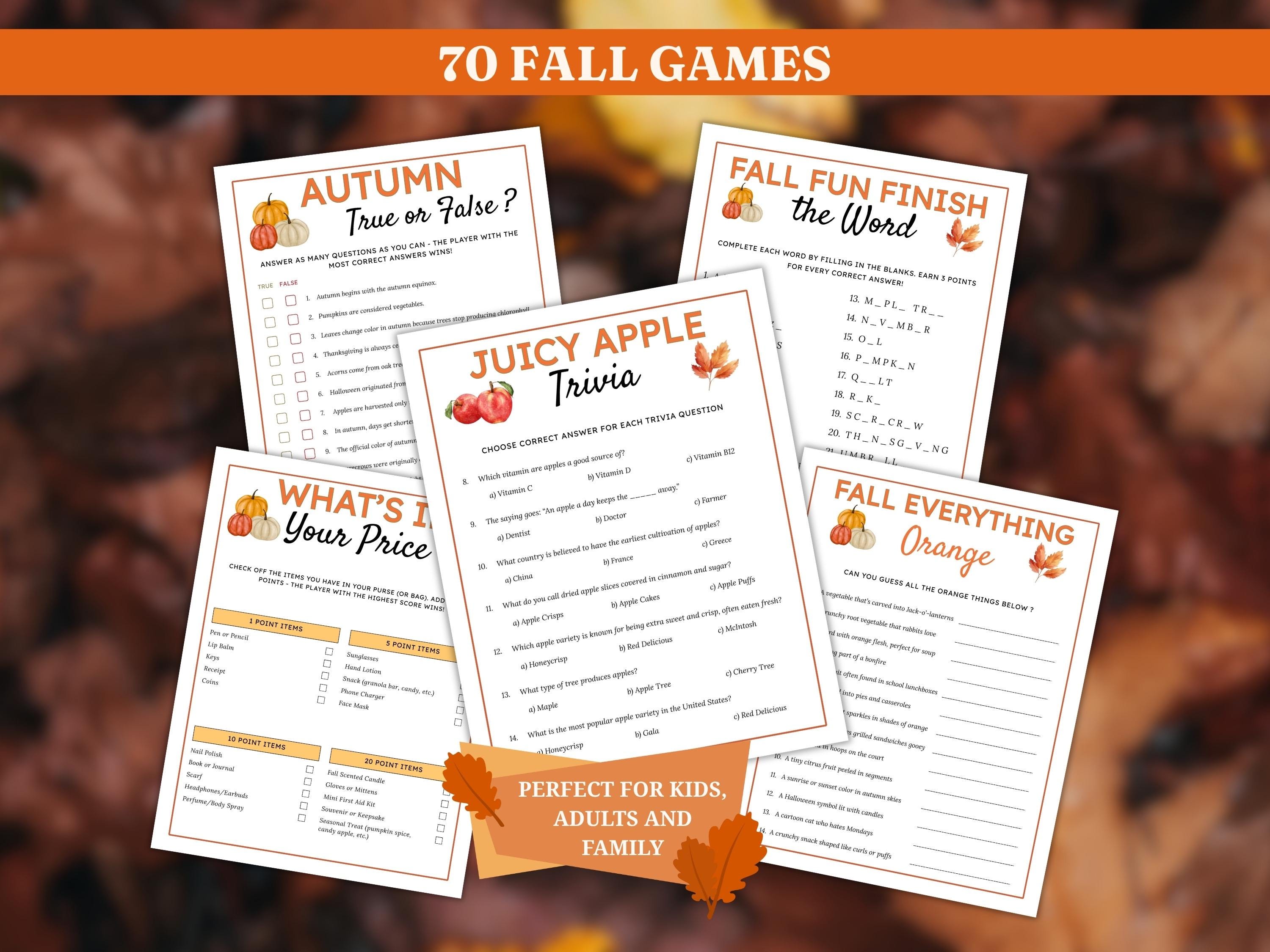 Fall Games Bundle 70 Fun Games for Family Autumn Trivia Thanksgiving ...