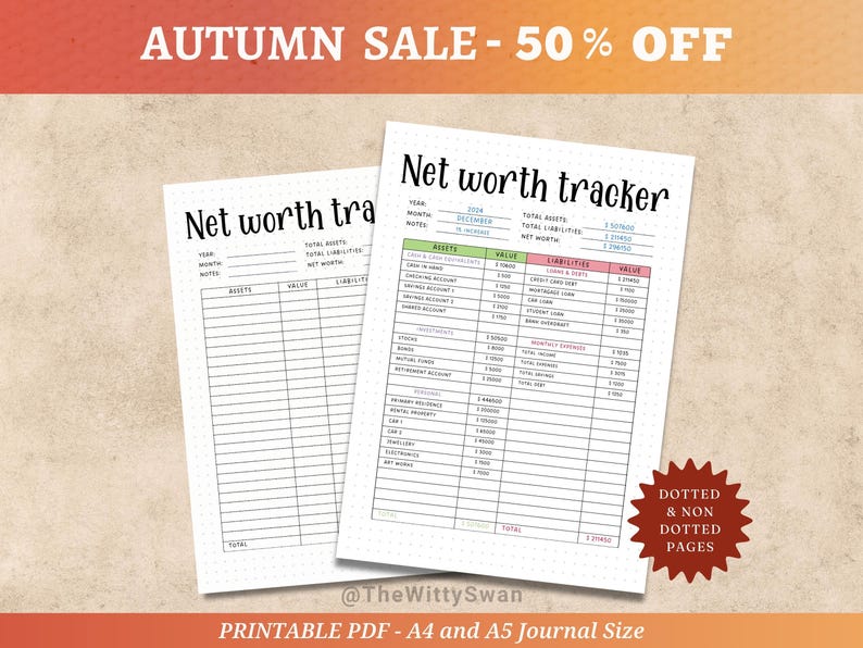 Net Worth Tracker Printable Journal Page Yearly Tracker Personal ...