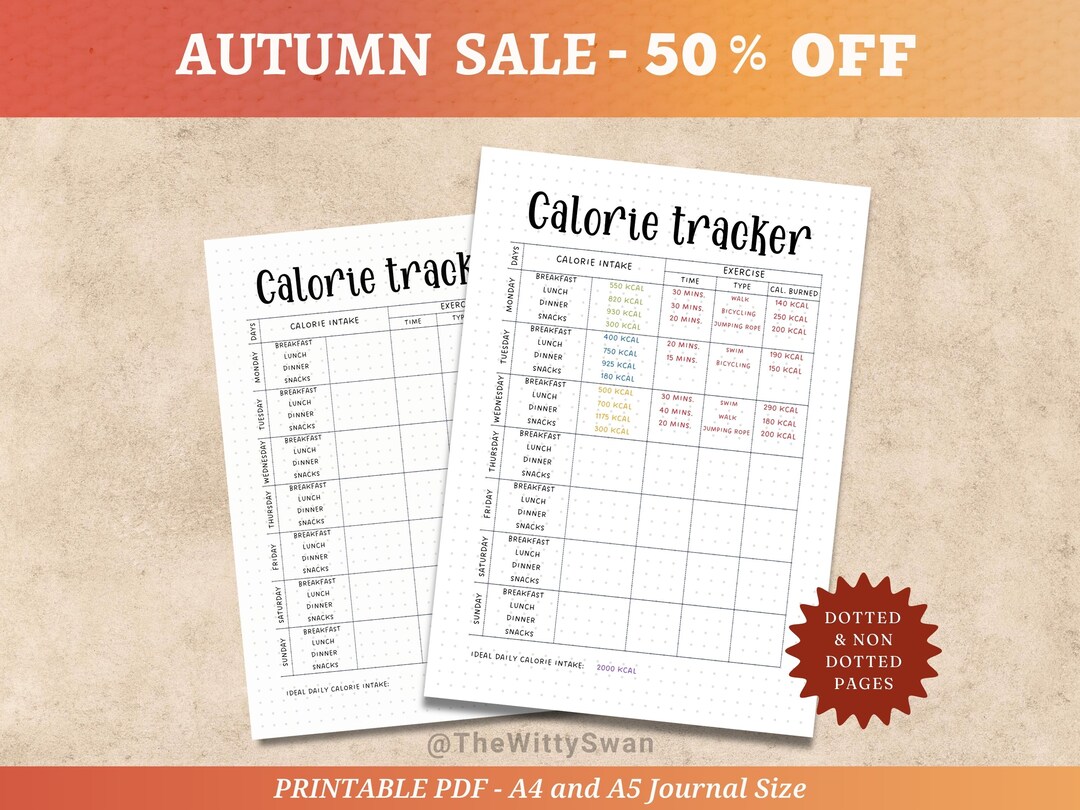 Calorie Tracker Pdf Printable Journal Pages Daily Food Log Diet Planner ...
