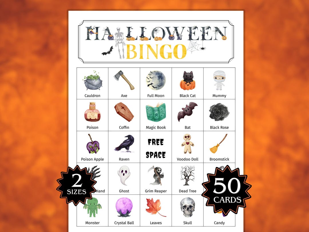 50 Halloween Bingo Cards Printable Party Games Kids Halloween Game ...