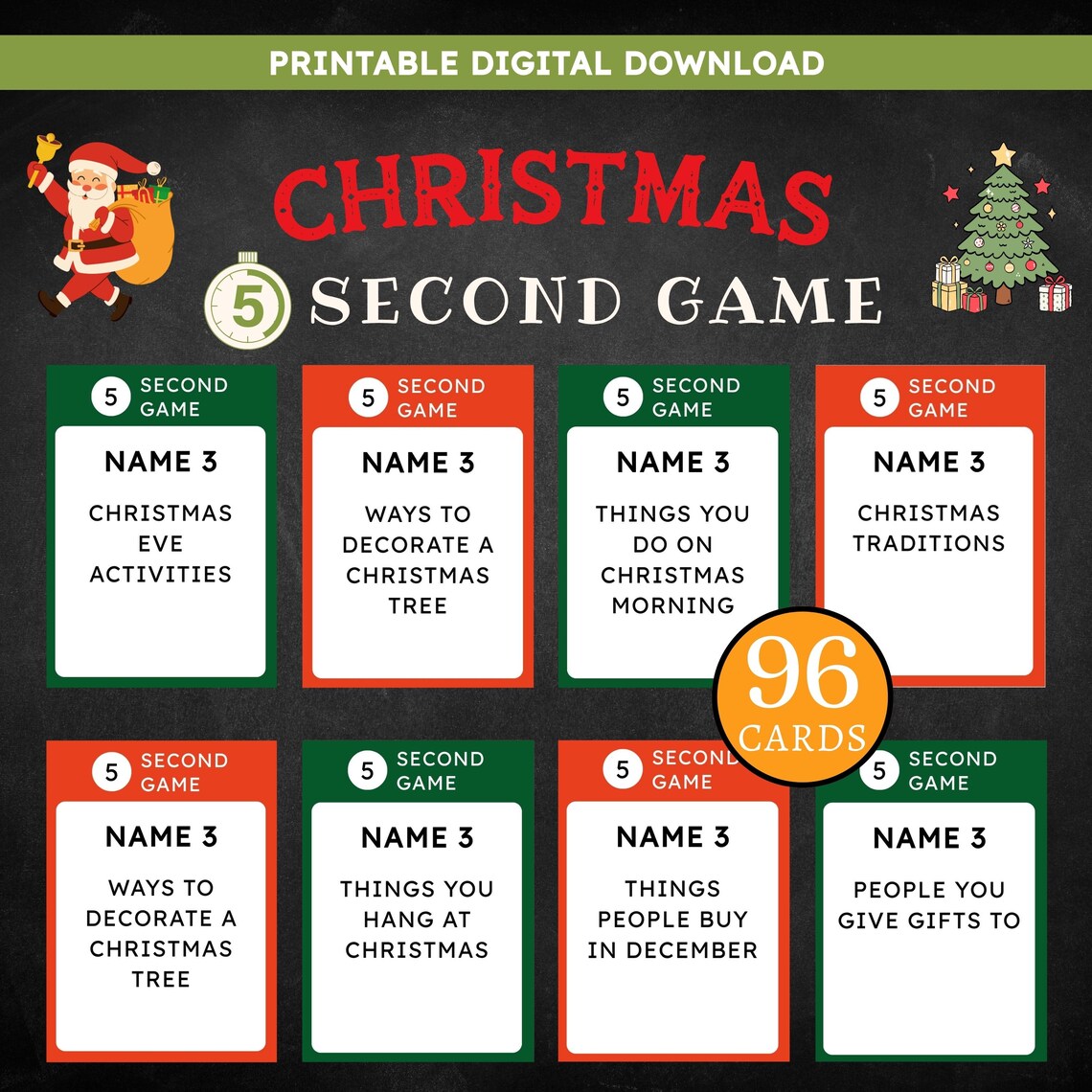 Christmas 5 Second Game - 96 Cards, Printable Party Games, Family ...