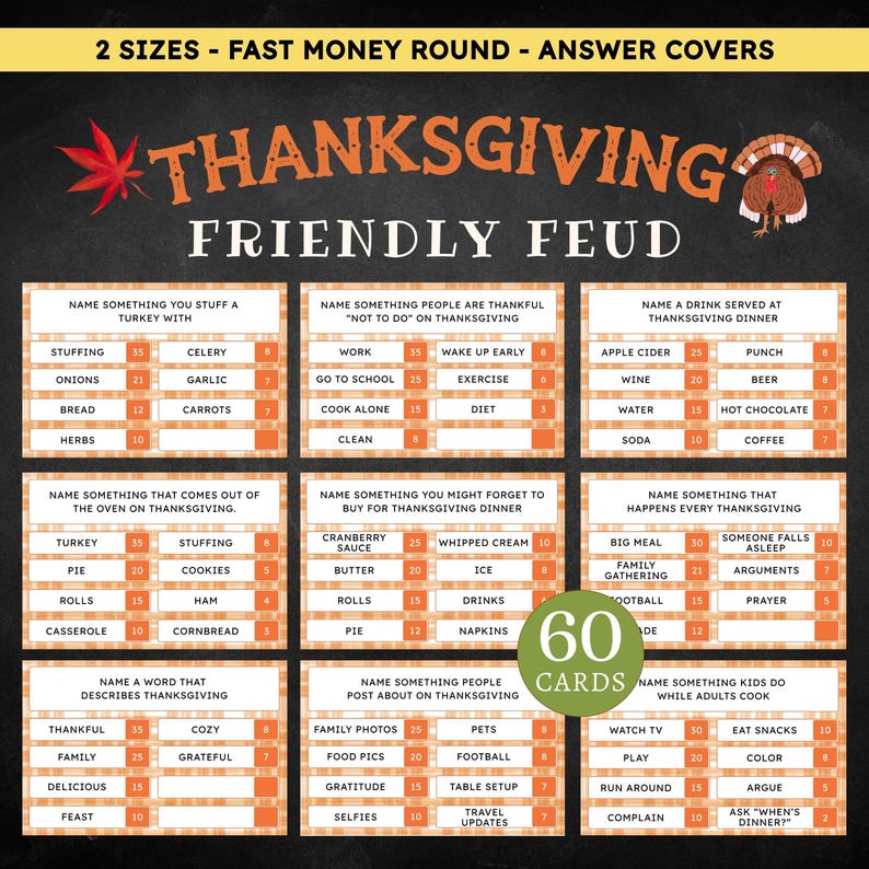 Thanksgiving Friendly Feud Printable Party Games Family Activities Fall ...
