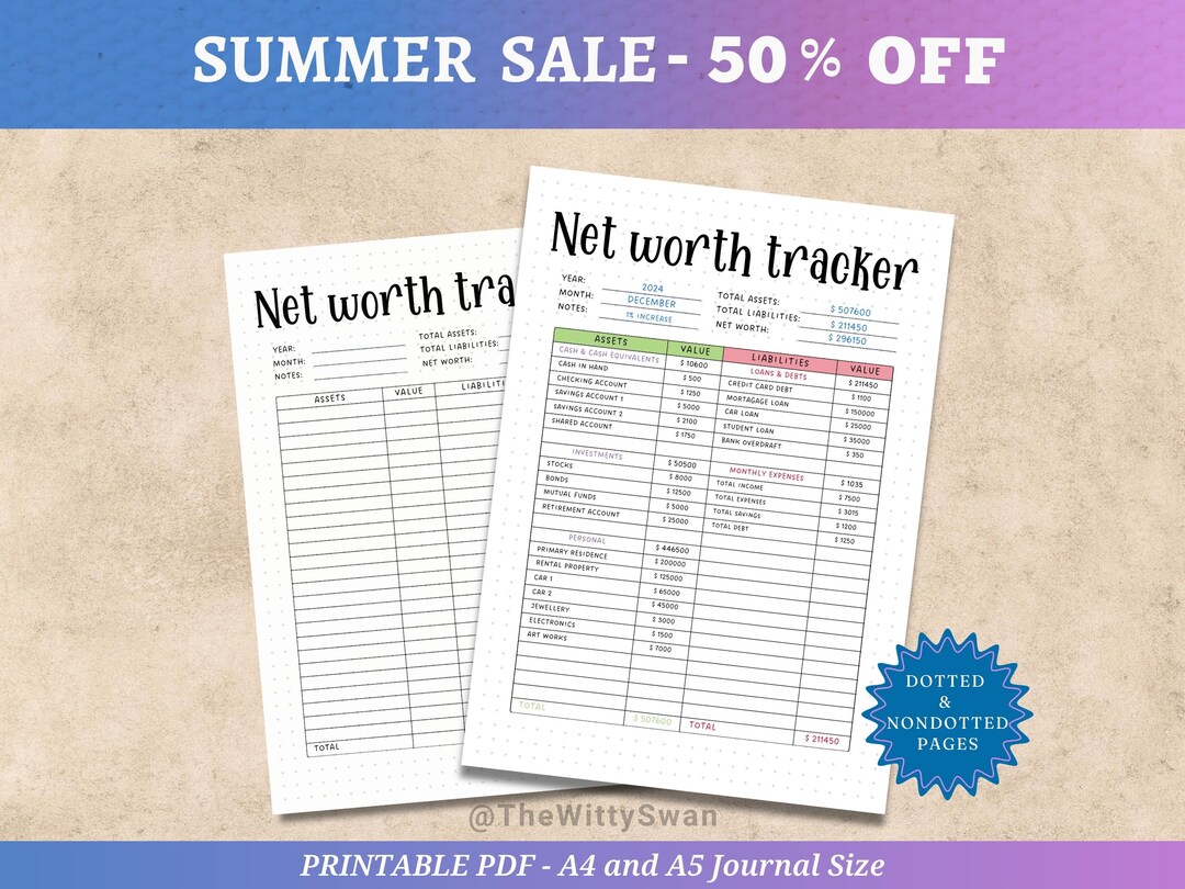 Net Worth Tracker Printable Journal Page Yearly Tracker Personal ...