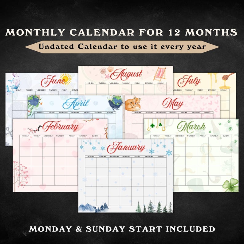 2026 Landscape Calendar, Undated Yearly Planner, Printable Premade ...