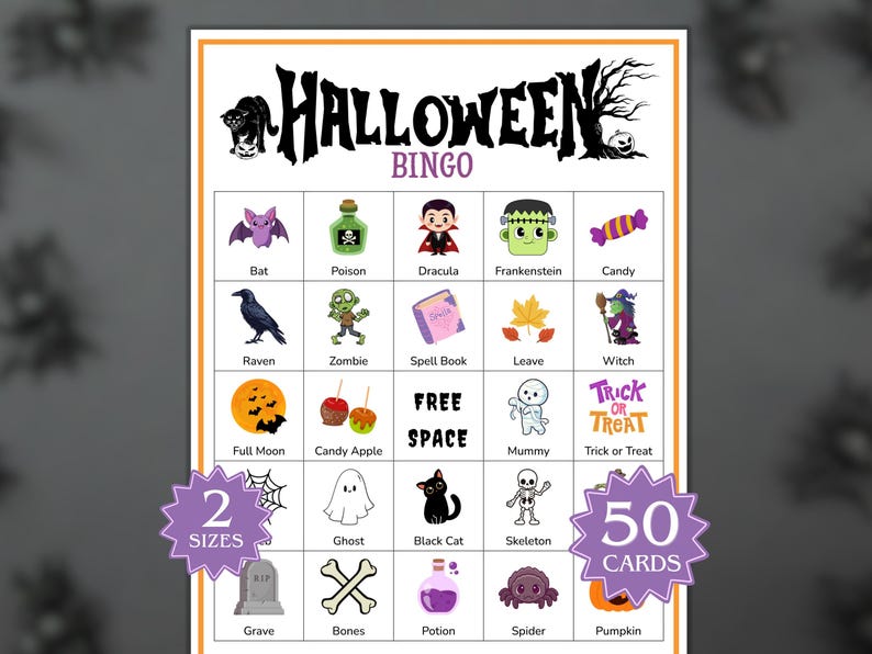 50 Halloween Bingo Cards, Printable Party Games, Spooky Kids Game ...