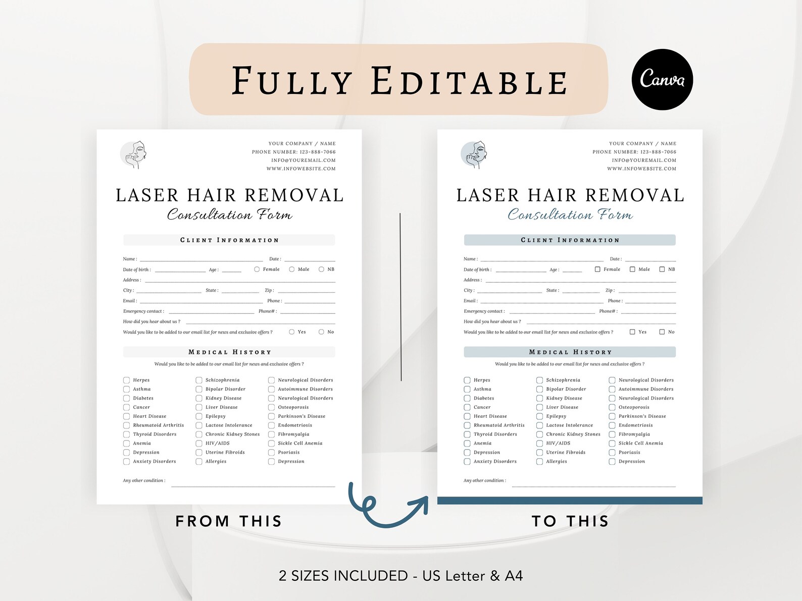 Laser Hair Removal Bundle, Editable Esthetician Template, Laser Hair ...