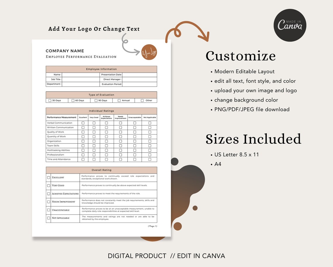 Employee Performance Evaluation Template, Employee Review Template, HR ...