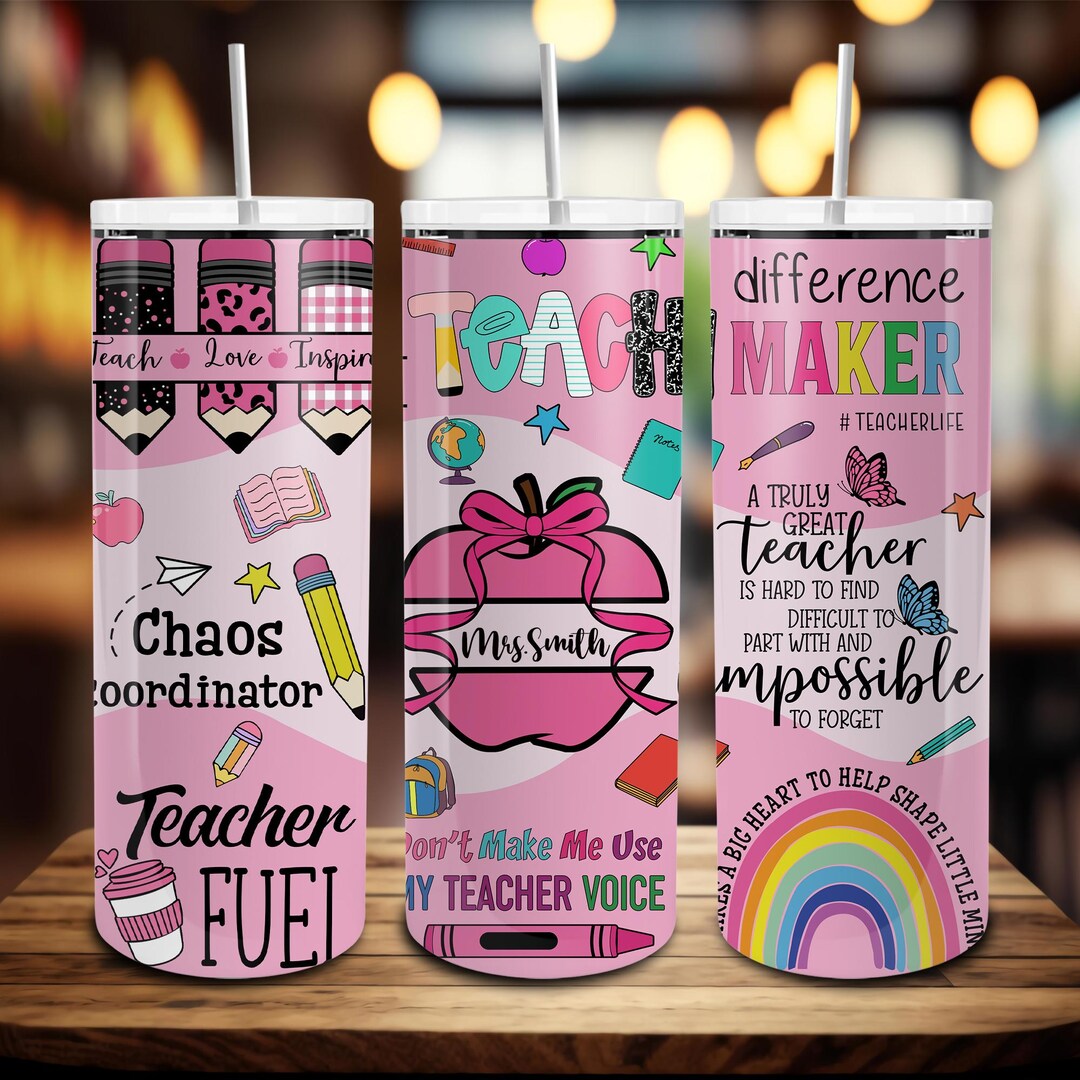 Personalized Pink Teacher 20oz Skinny Tumbler Png, Puffy Teacher ...