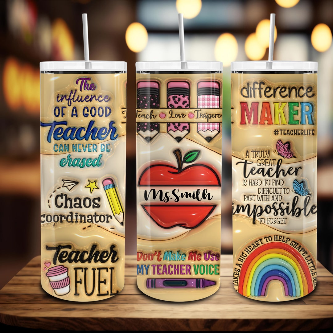 Personalized Teacher 20oz Skinny Tumbler Png, Teacher Rainbow Puffy ...
