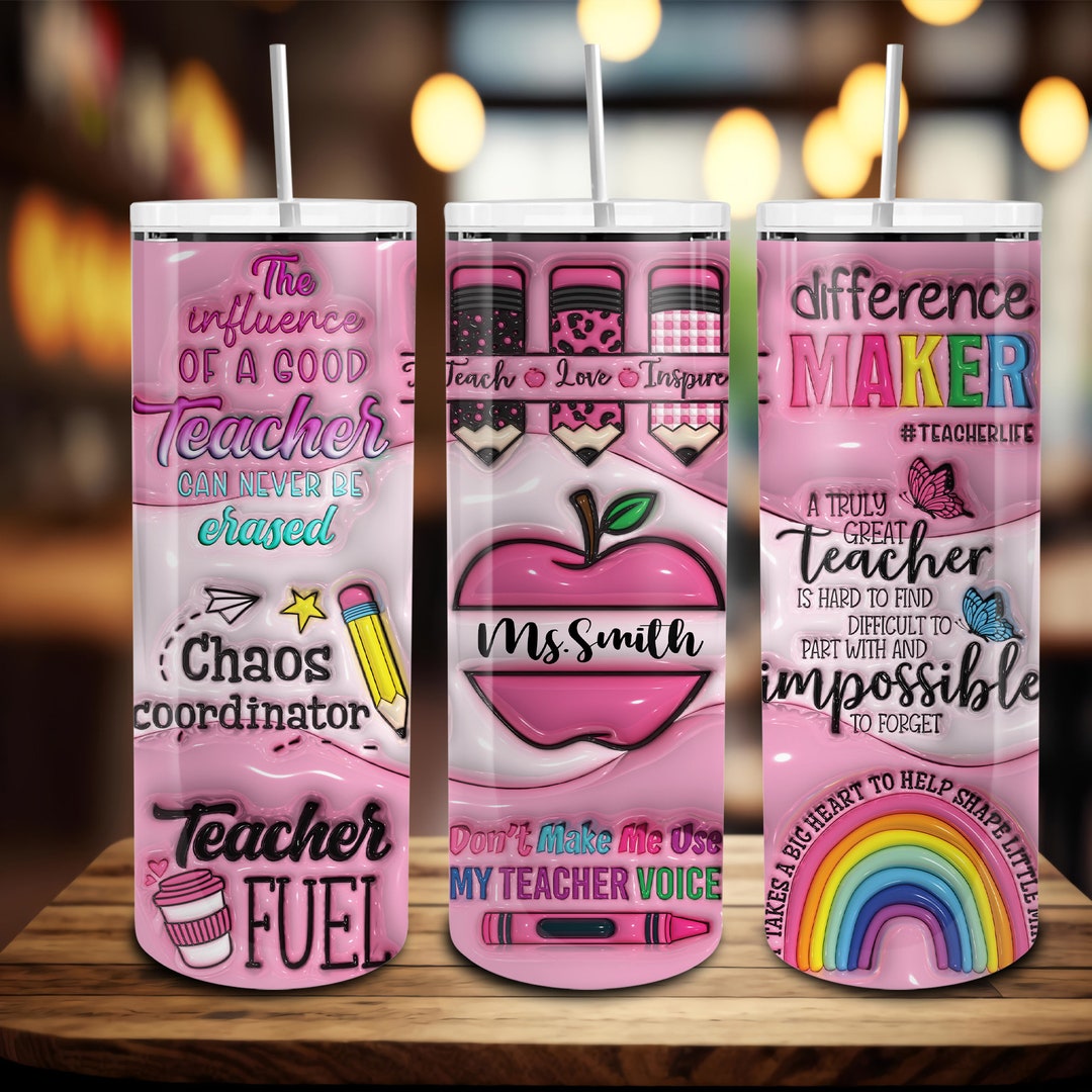 Personalized Pink Teacher 20oz Skinny Tumbler Png, Puffy Teacher ...
