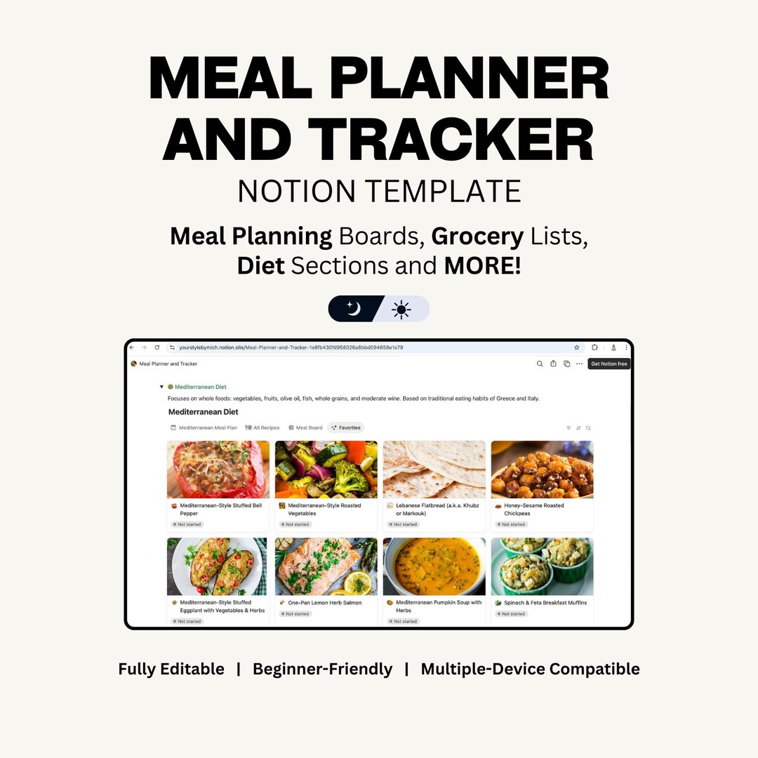 Notion Meal Planner Template Grocery List Diet Tracker Recipe Organizer ...