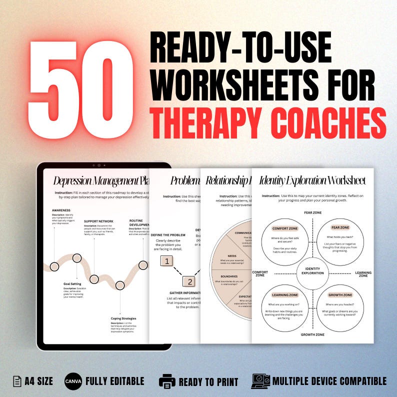 50 Printable Therapy Worksheets for Coaches, Ready-to-use PDF Tools ...