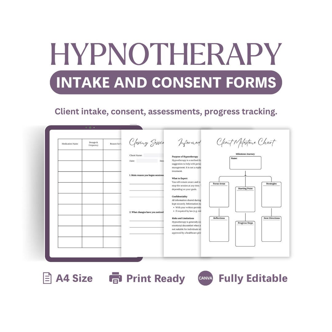 Hypnotherapy Intake and Consent Forms, A4 Size, Fully Editable Canva ...