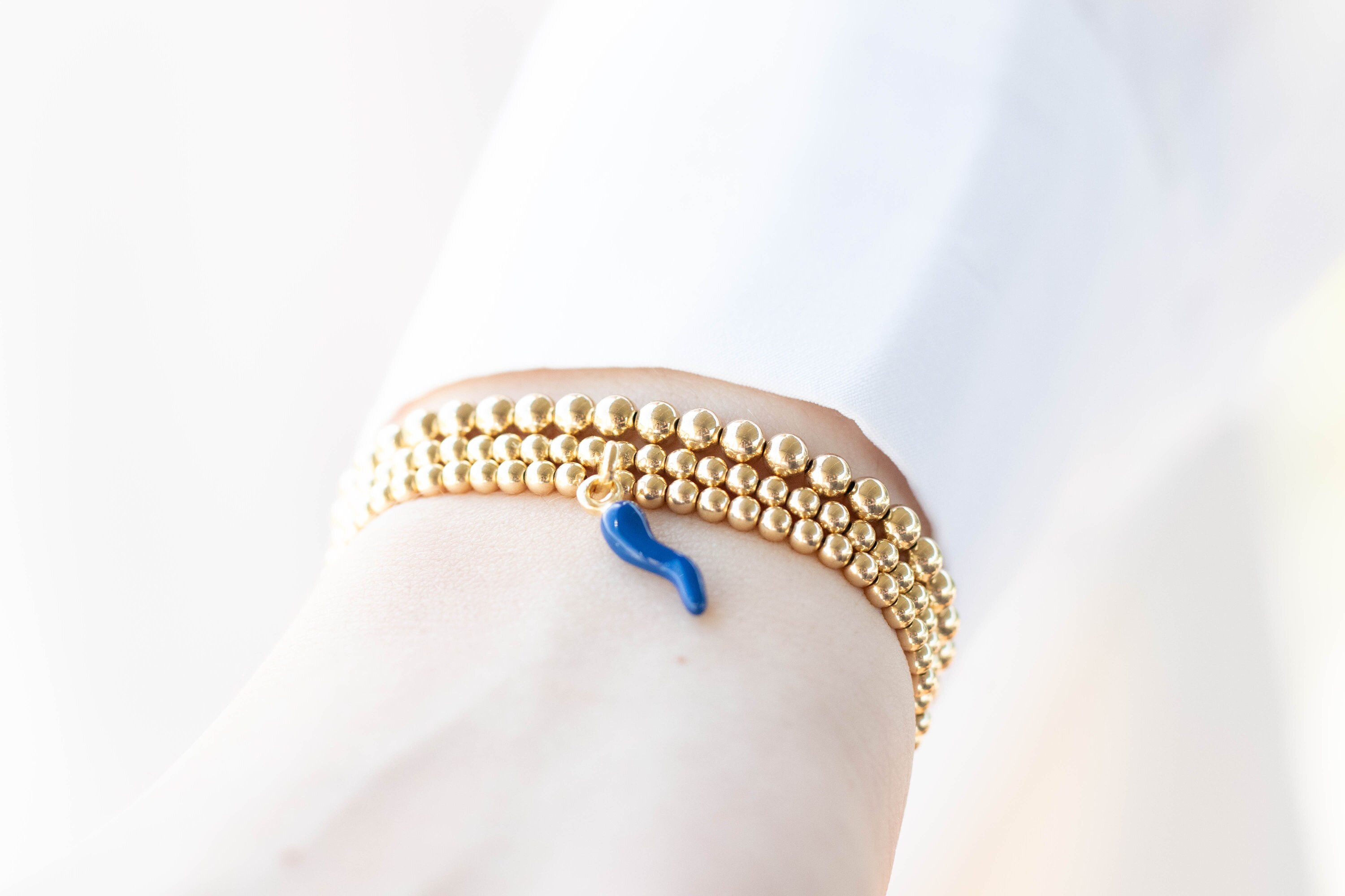 Blue Cornetto Charm 14k Gold Bead Stretch Bracelet, Italian Horn ...