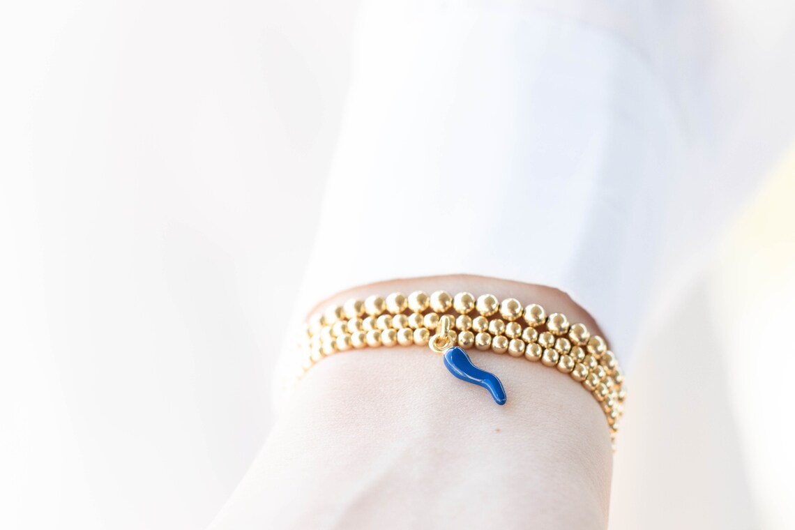 Blue Cornetto Charm 14k Gold Bead Stretch Bracelet, Italian Horn ...