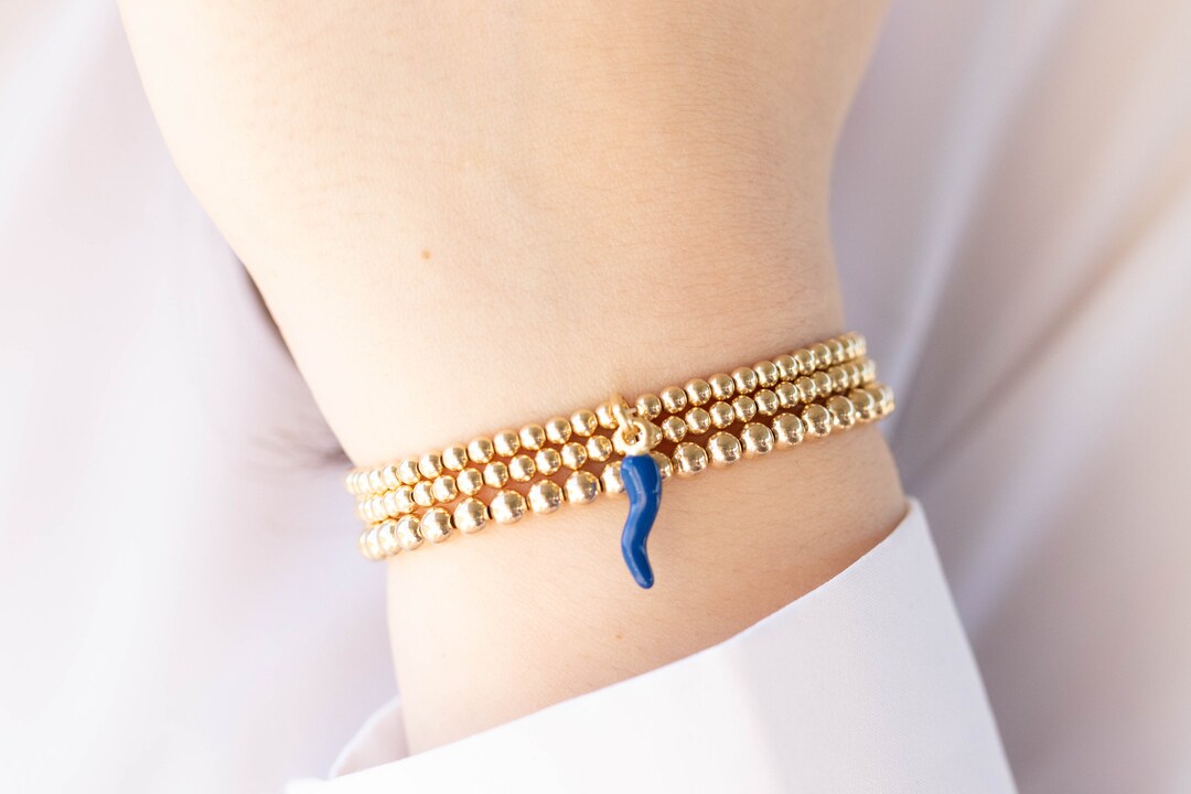Blue Cornetto Charm 14k Gold Bead Stretch Bracelet, Italian Horn ...