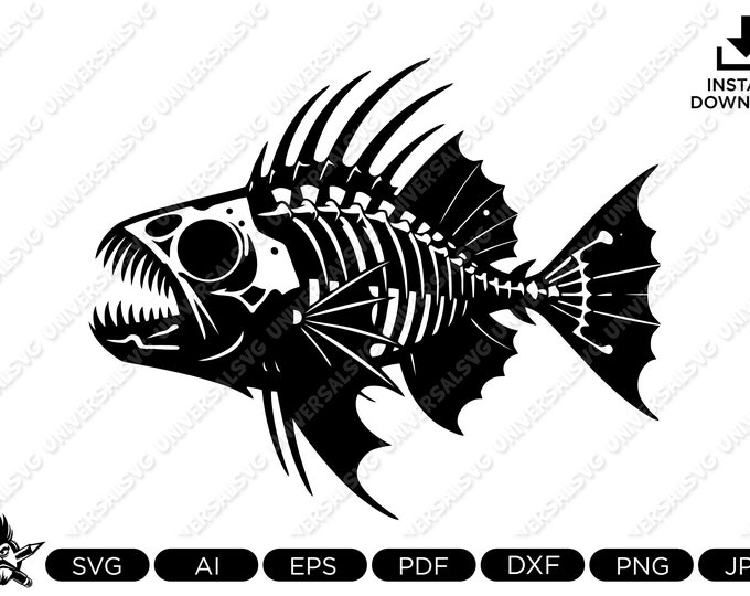 Skeleton Fish Svg File | Aquatic Bone Svg | Angler Fish Svg | Sea ...