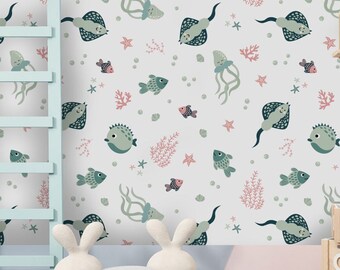 Childish Wallpaper With Fish, Kids Mural, Nursery Wallpaper, Peel ...