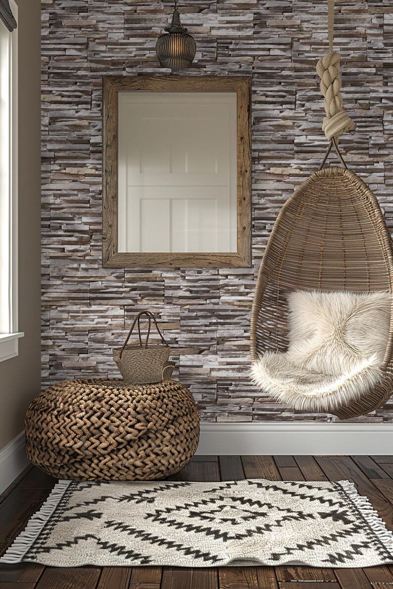 Modern Beige Stone Texture Stacked Wallpaper, Neutral Brick Wall Mural ...