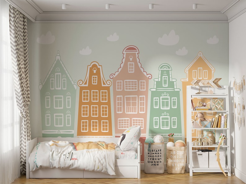 Kids City Wallpaper / Colorful Nursery Town Wallpaper / Kids Colorful ...